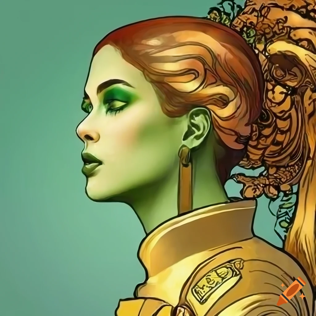 Sci-fi woman in gold space suit with green skin and curly cloud-like ...