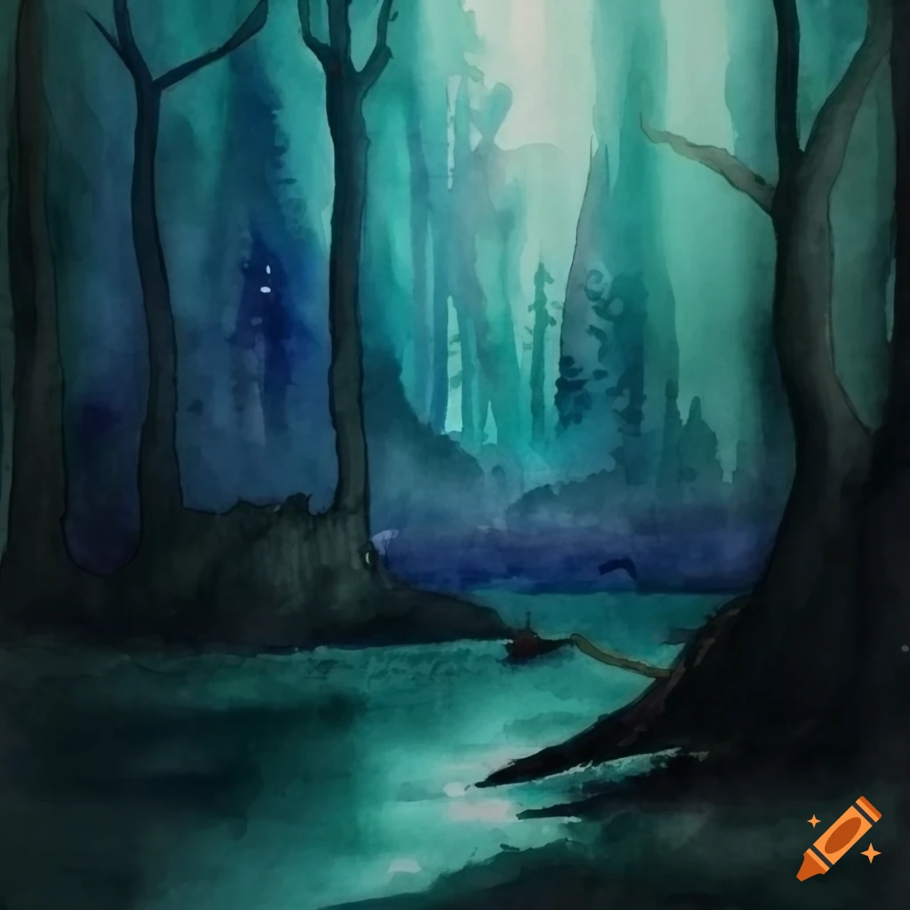 Watercolour painting of a beautiful ancient forest at night on Craiyon
