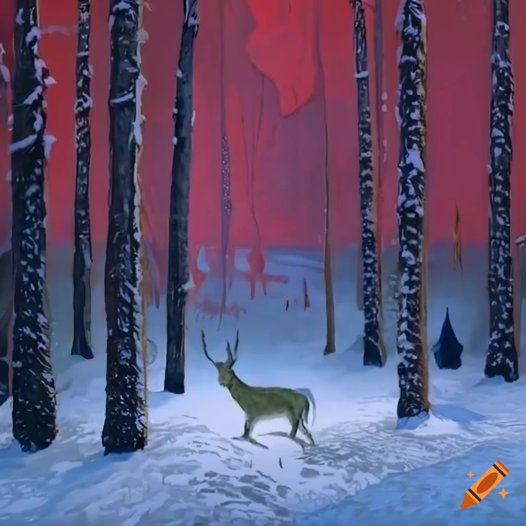 Snow-covered forest christmas scene with poinsettia trees, red berries ...