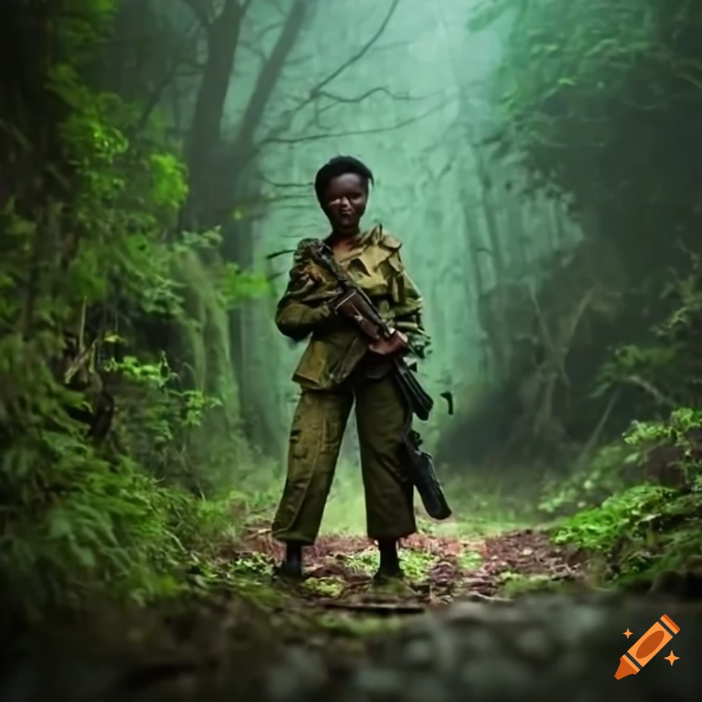 African female soldier exploring an abandoned military bunker in a rain ...