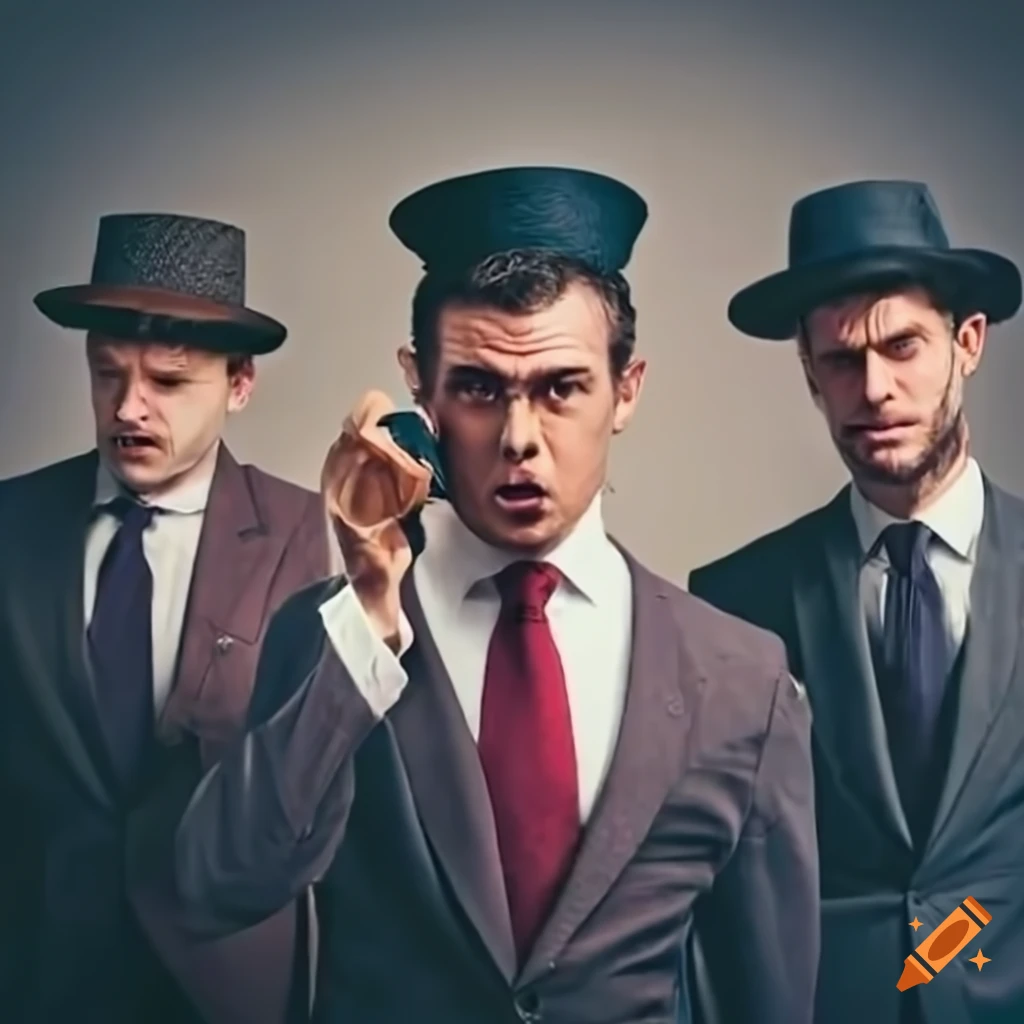 Three angry English gentlemen in suits and hats looking at the camera ...