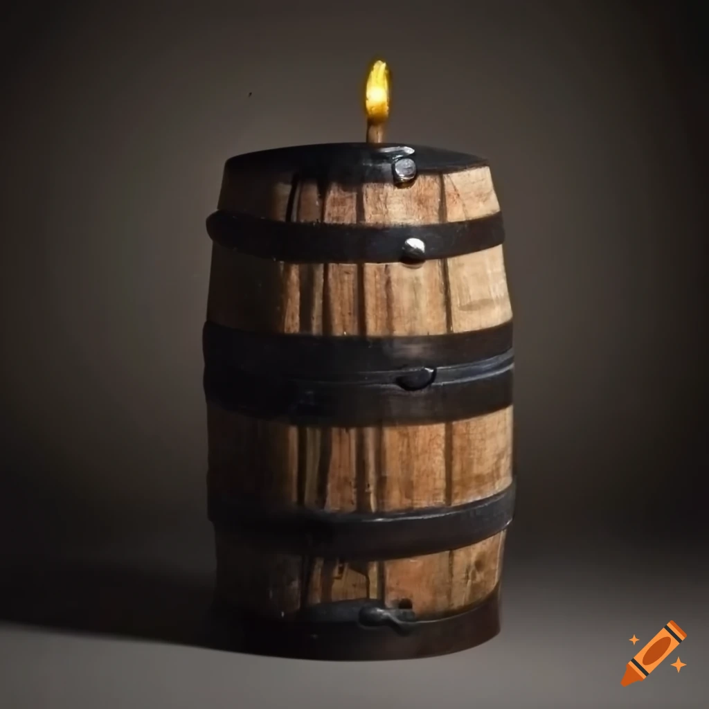 Small wooden black powder keg with a lit fuse and danger markings on ...