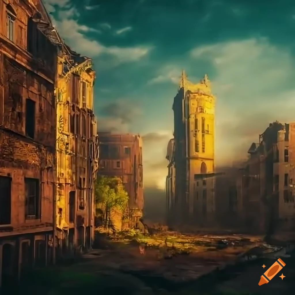 Wide view of post-apocalyptic landscape with towering buildings and ...