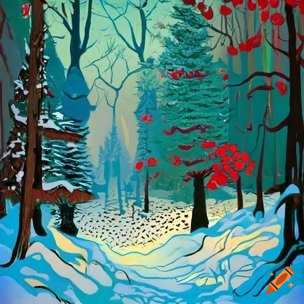 Festive christmas forest scene with poinsettia trees, snow, and ...