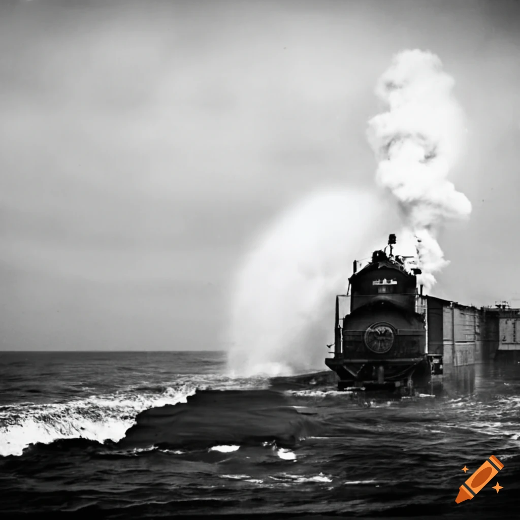 Historic black-and-white photo of train engulfed in flood waters during ...