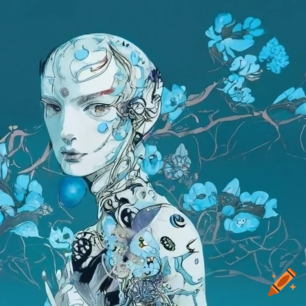 Cyan blossoms blending with a cyborg in a high-tech suit inspired by ...
