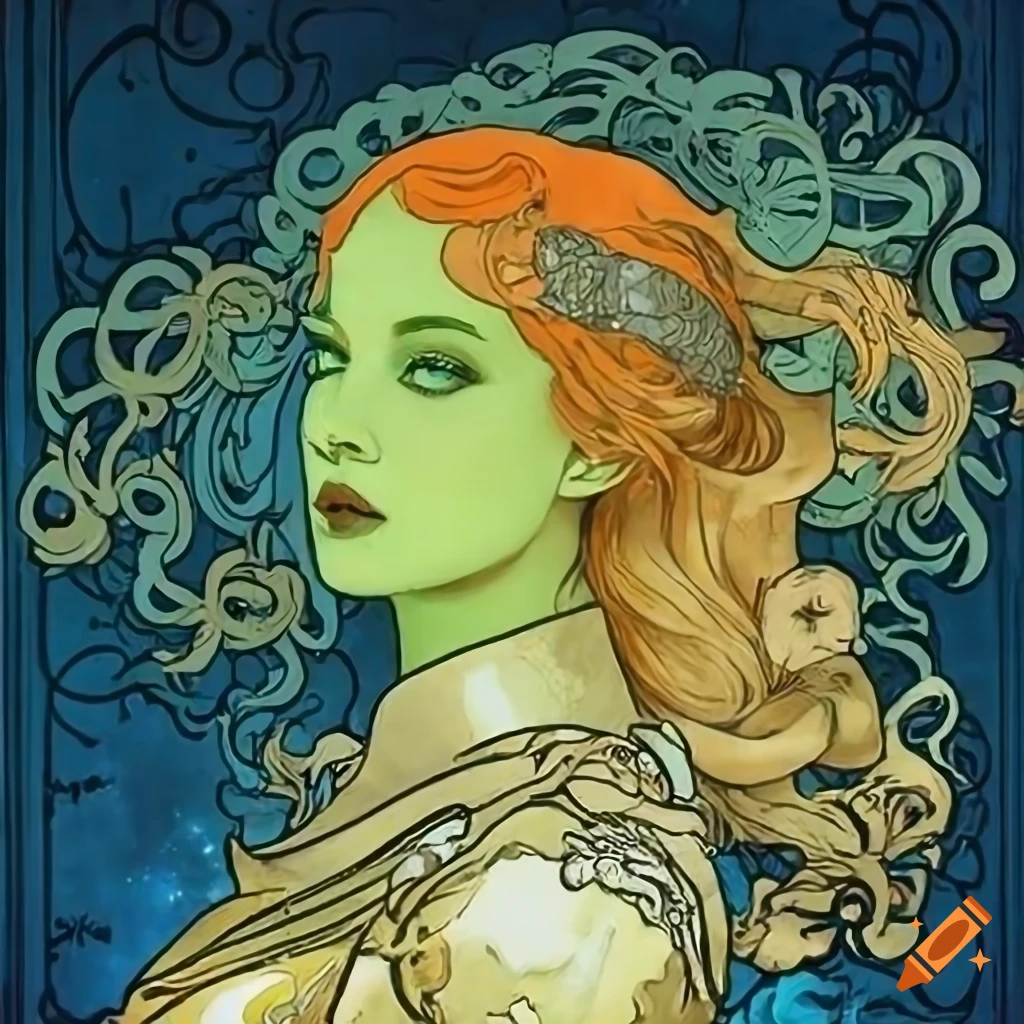 Sci-fi woman in gold space suit with green skin and curly cloud-like ...