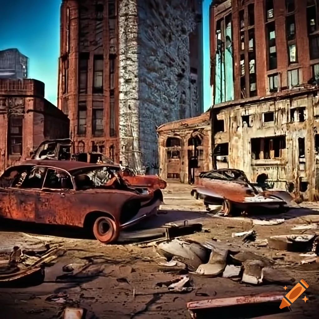 Destroyed post-nuclear city street with rusty vintage cars in a retro style on Craiyon