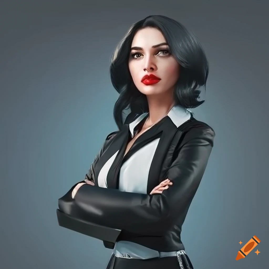 Portrait of a secret agent woman in realistic style with black jacket ...