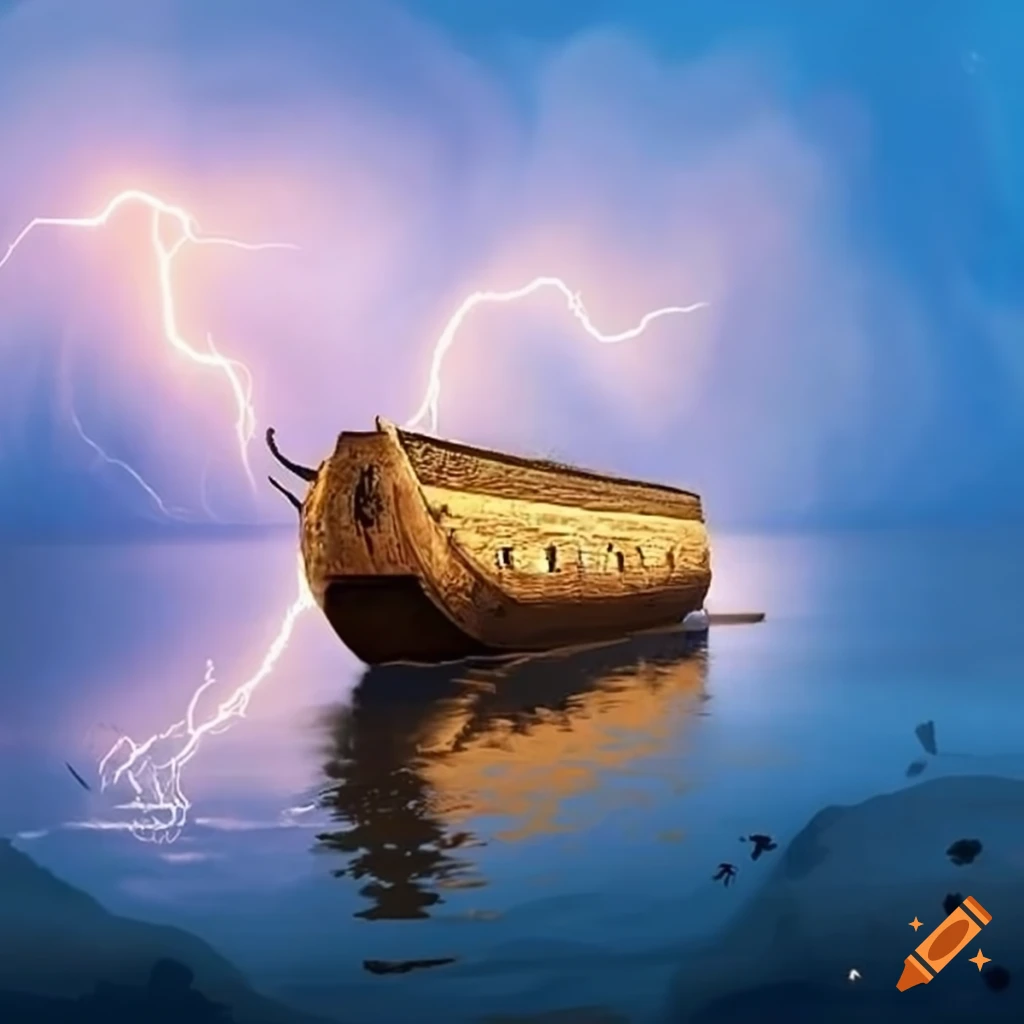Noah's ark depicted as a sumerian boat on a stormy euphrates river with ...