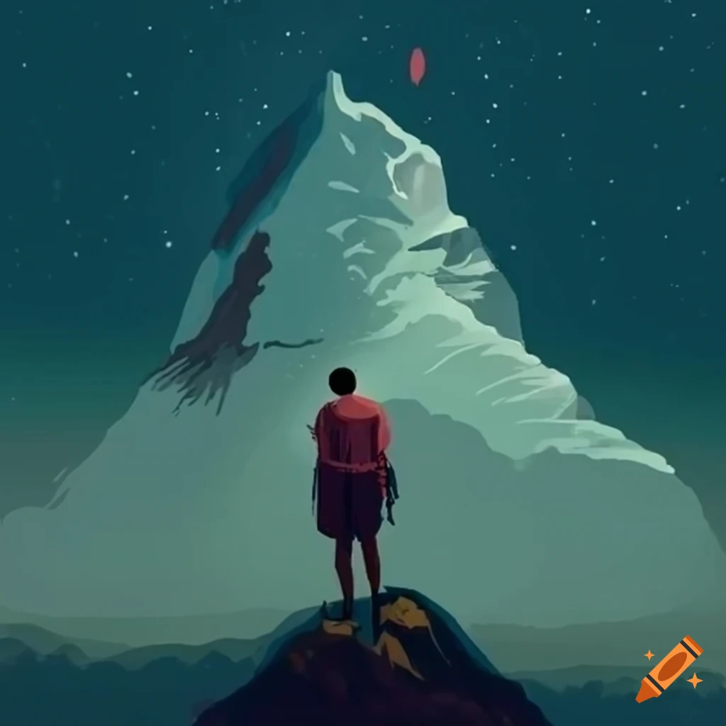 Man reaching a plateau after climbing a mountain on Craiyon