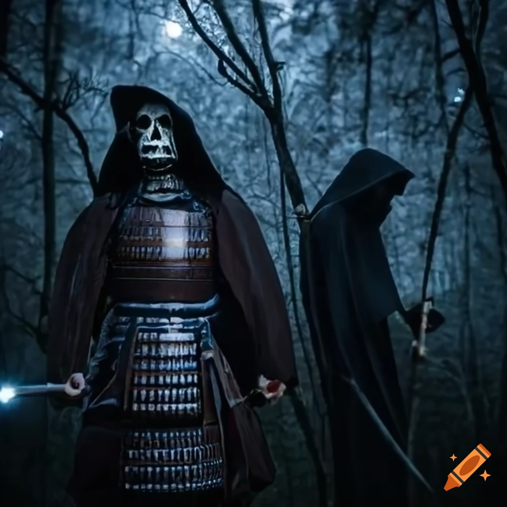 Samurai confronting Grim Reaper in a moonlit dark forest on Craiyon