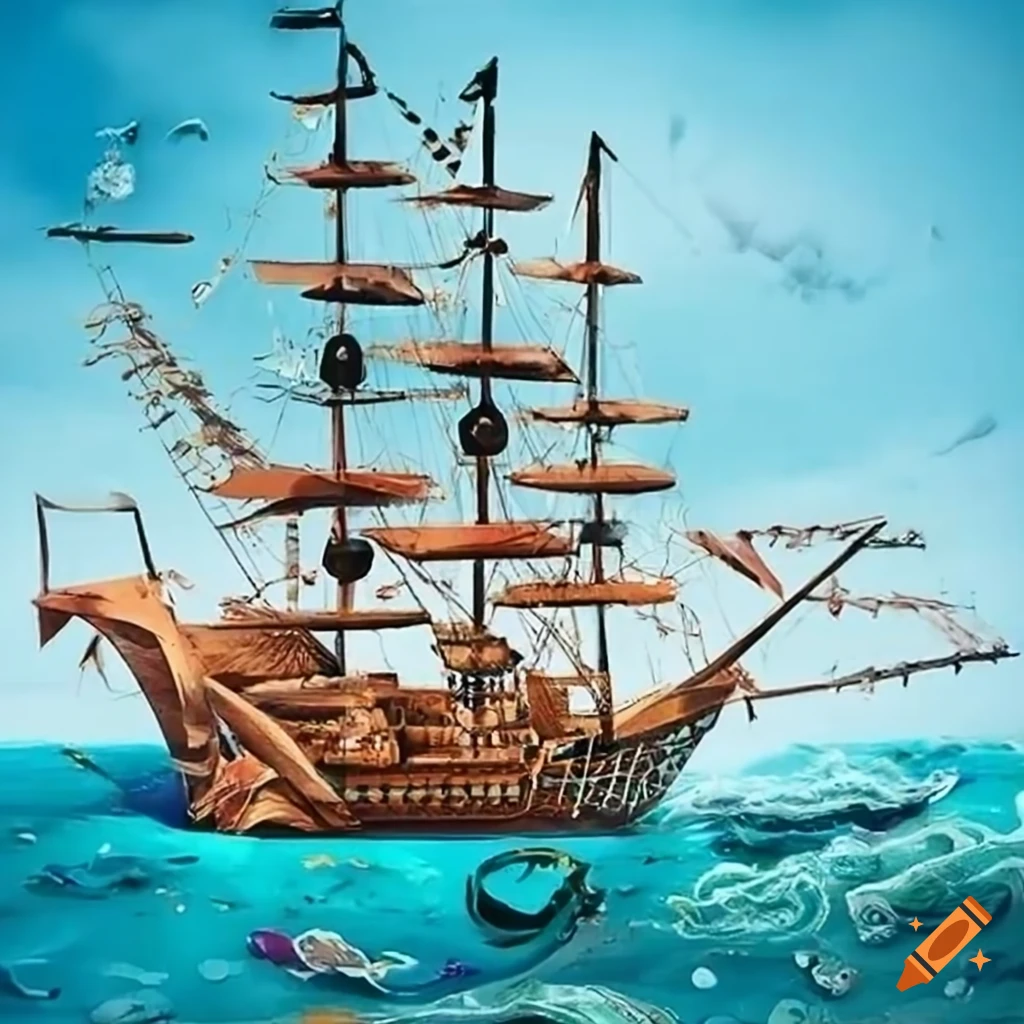 Tropical pirate ship made from recycled sea garbage on Craiyon