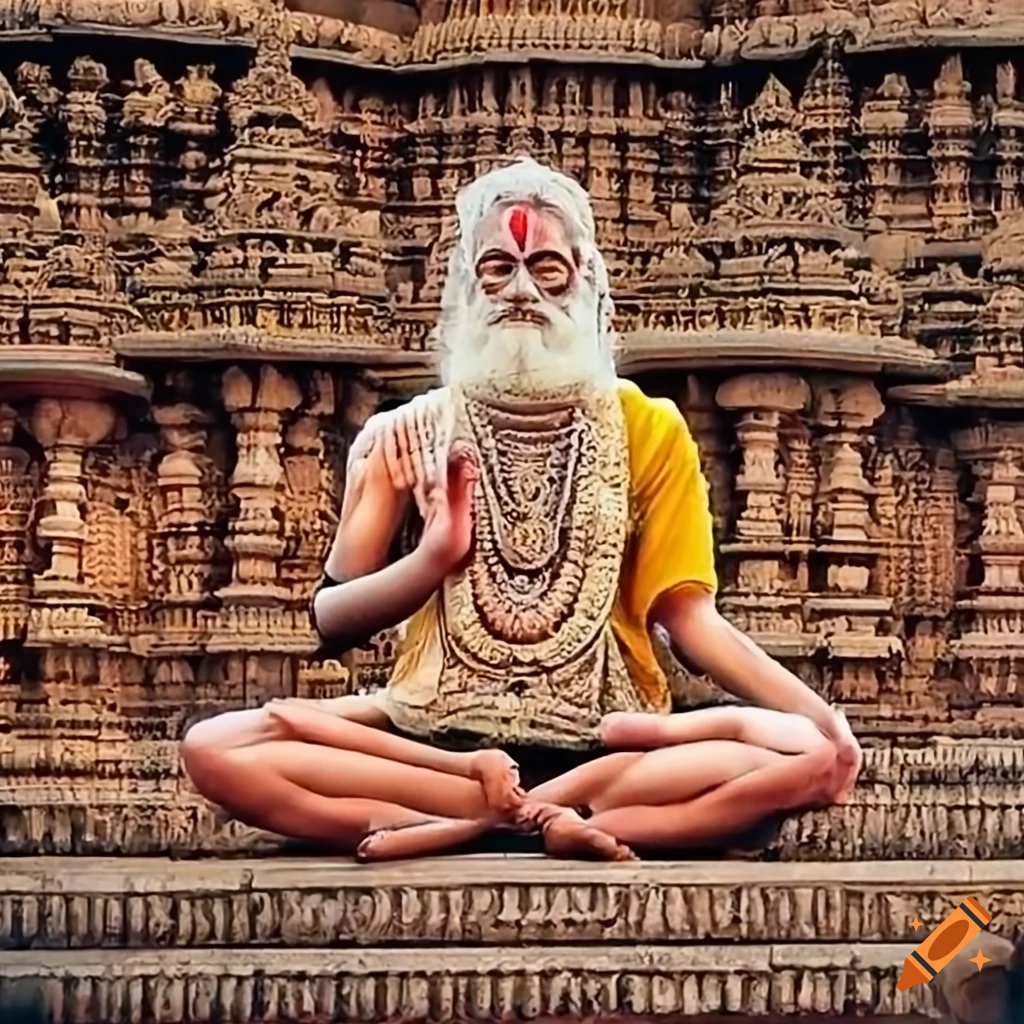 Hindu Rishi meditating in front of intricate temple structures on Craiyon