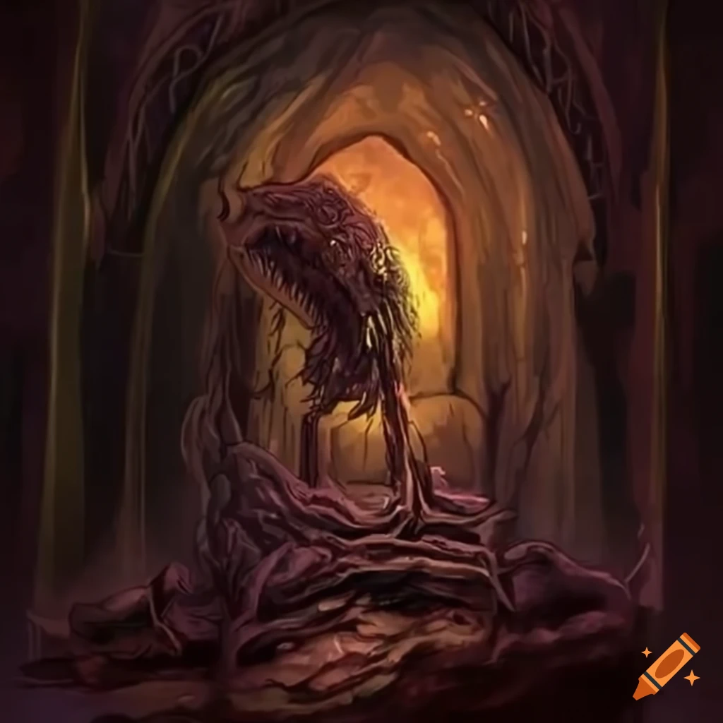 Man running towards light leading to a world of creepy monsters on Craiyon