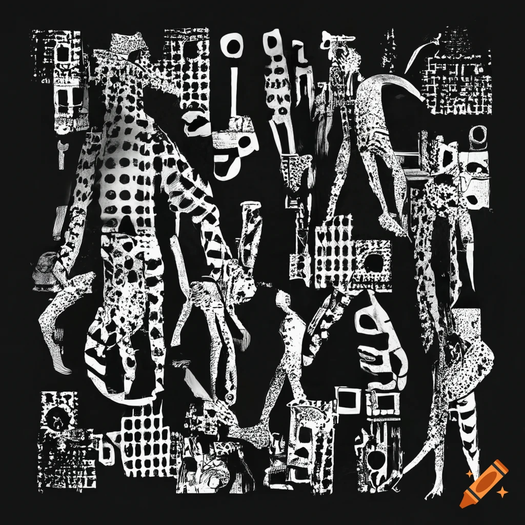 Dadaist collage with human surrounded by geometrical shapes, dots, and ...