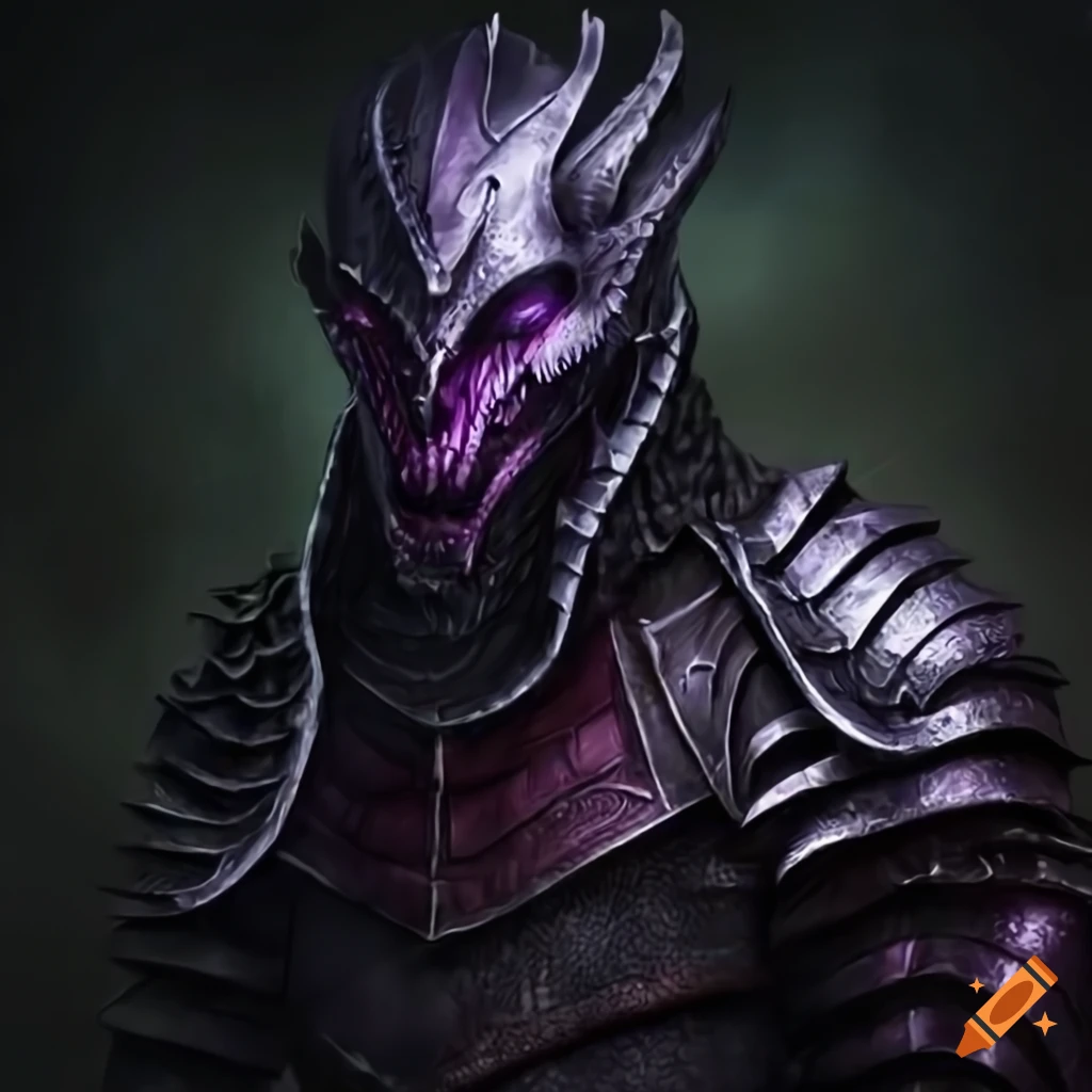 Impressive dragonborn in dark armor with piercing purple eyes on Craiyon