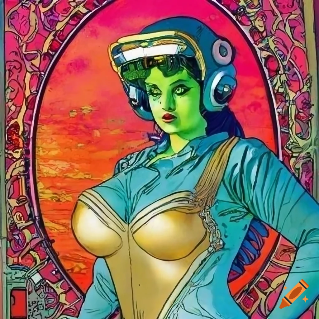 Curvy space pilot alien in gold dungarees in a retro-futuristic setting on Craiyon