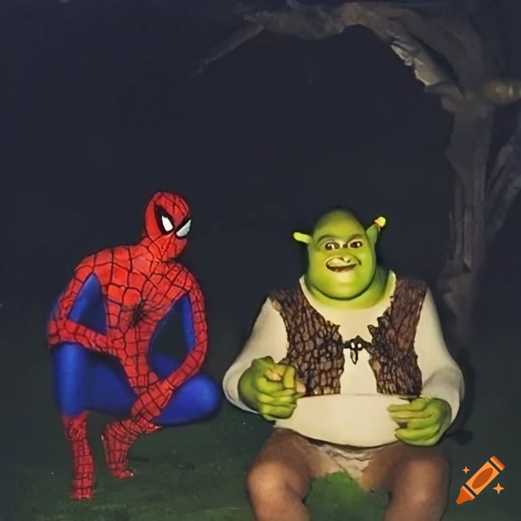 Vintage polaroid photo of shrek and spider-man at a 1995 backyard ...