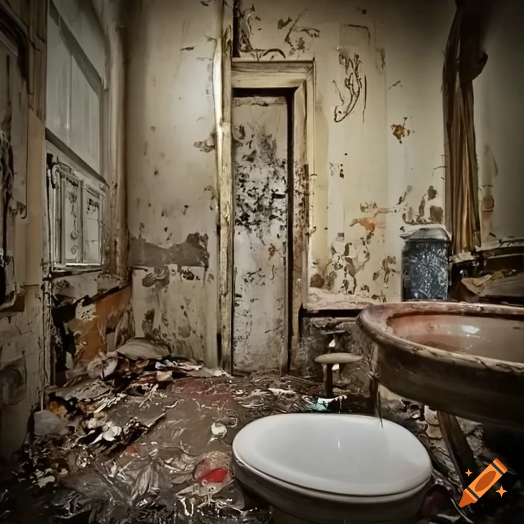 Neglected antiquated bathroom with rubbish strewn everywhere on Craiyon