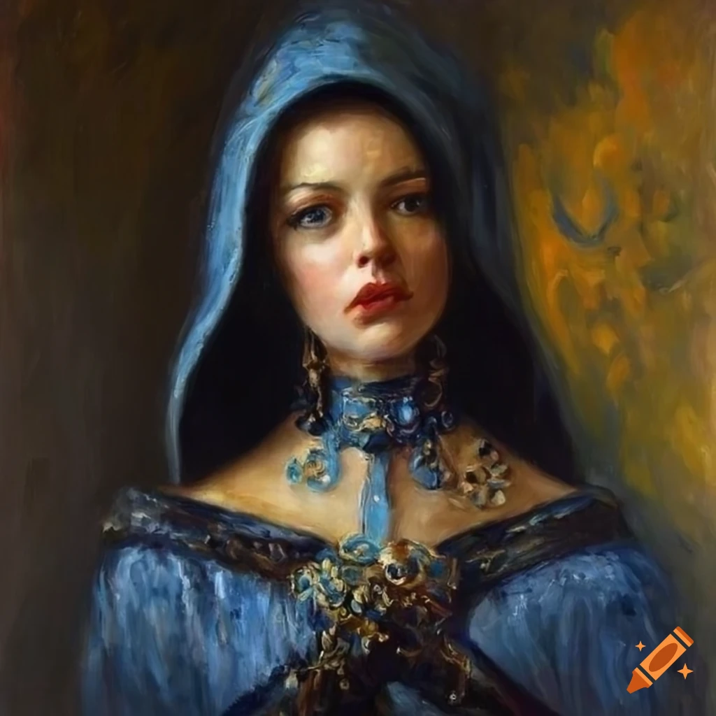 Highly textured oil painting of a magic sorceress woman in jewelry at ...