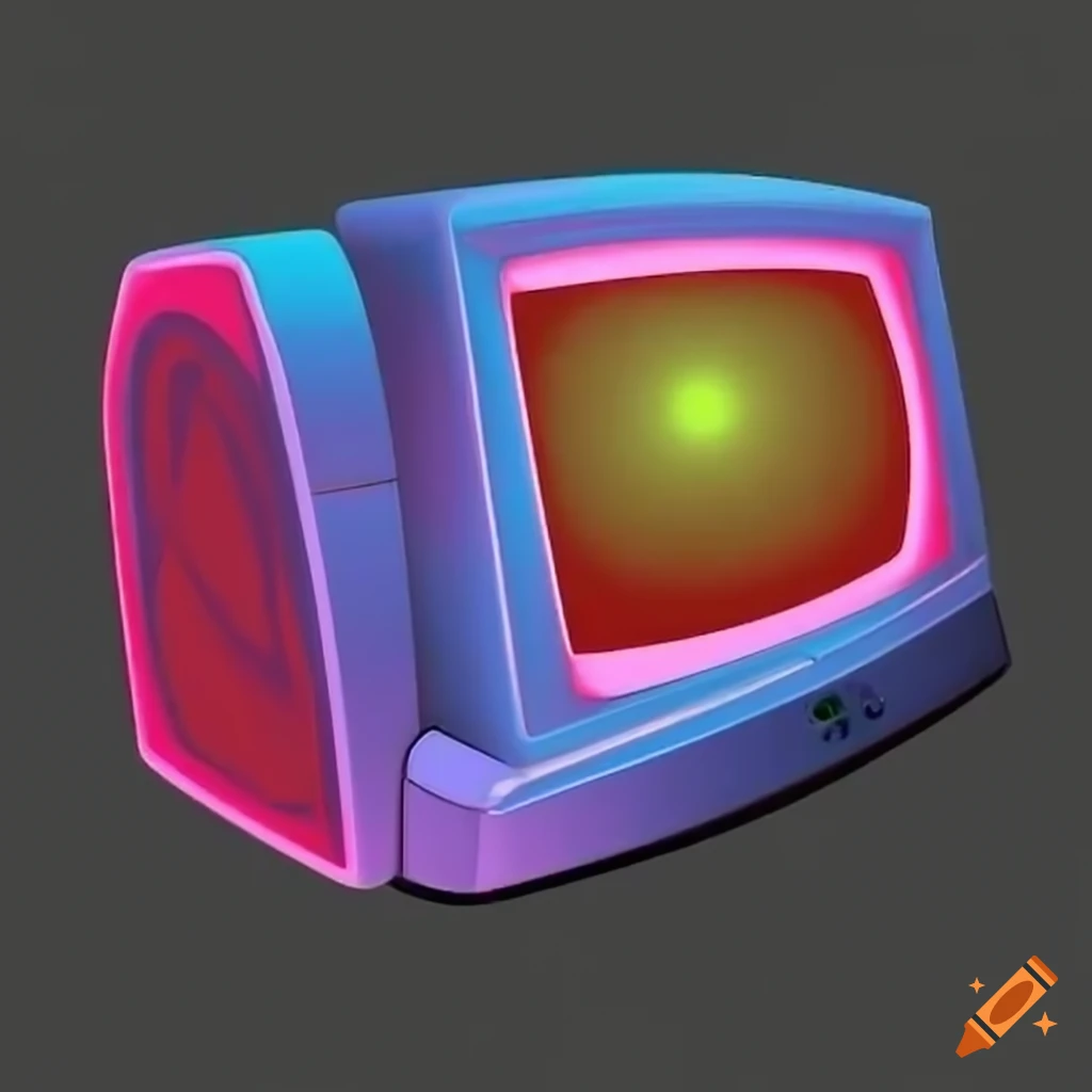 Retro curved computer in red, yellow, green, and red neon colors on Craiyon