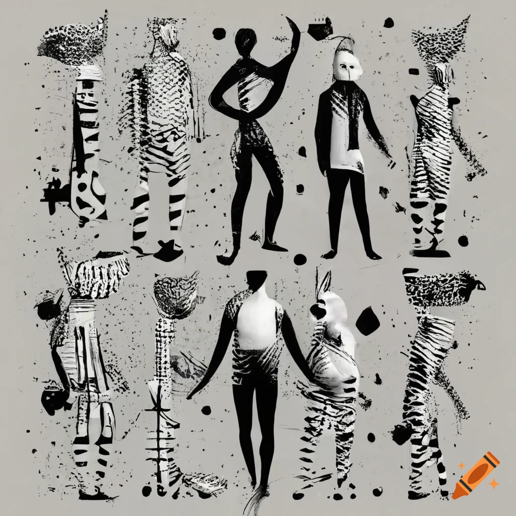 Dadaist collage with geometric shapes and comic human and cats figures ...