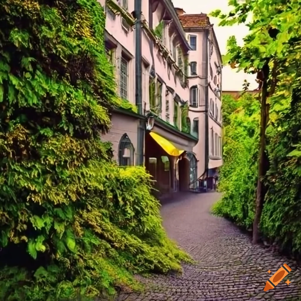 Zurich old town with trees and climbing plants on Craiyon