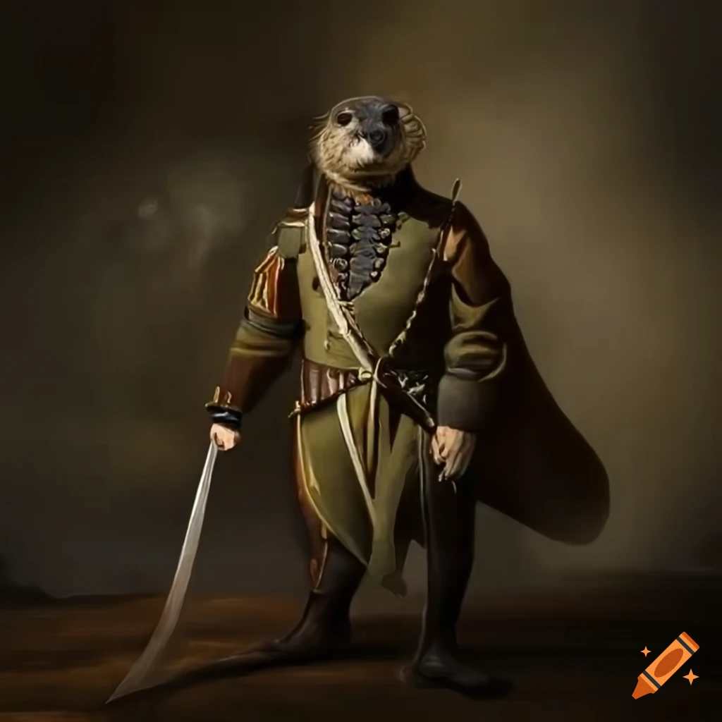 Otter in military uniform leading a rebellion with flag and sword in an ...