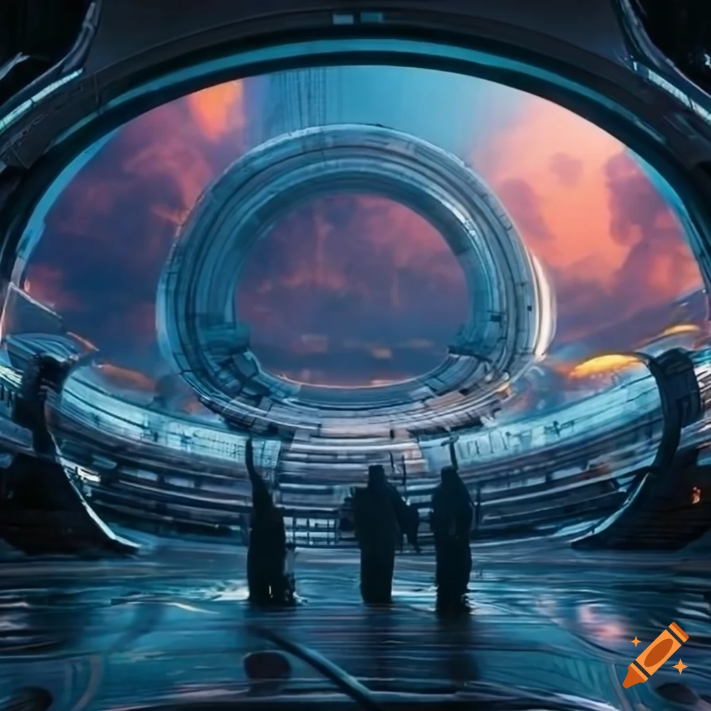 Science fiction opera house with a giant circle window overlooking a ...