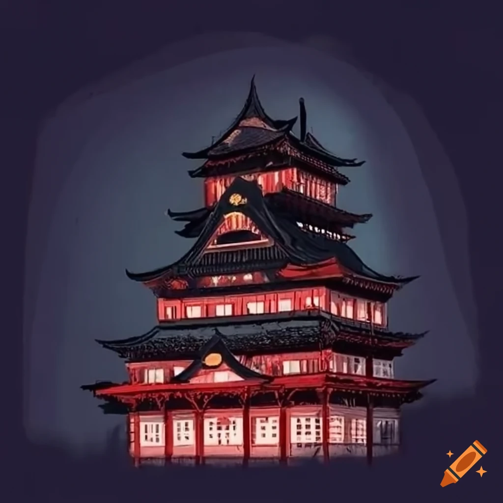 Immense traditional Japanese castle with black tiles and red beams in ...