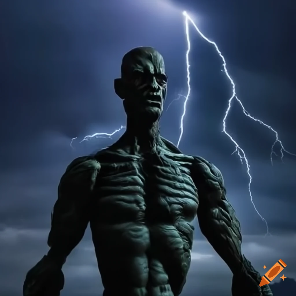 Giant humanoid silhouette against a lightning storm on Craiyon