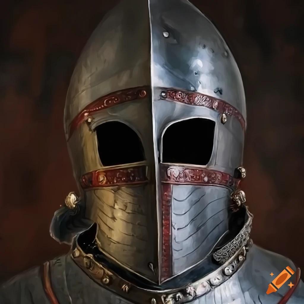 Knights in armor fighting in a castle with open-faced helmets, depicted ...