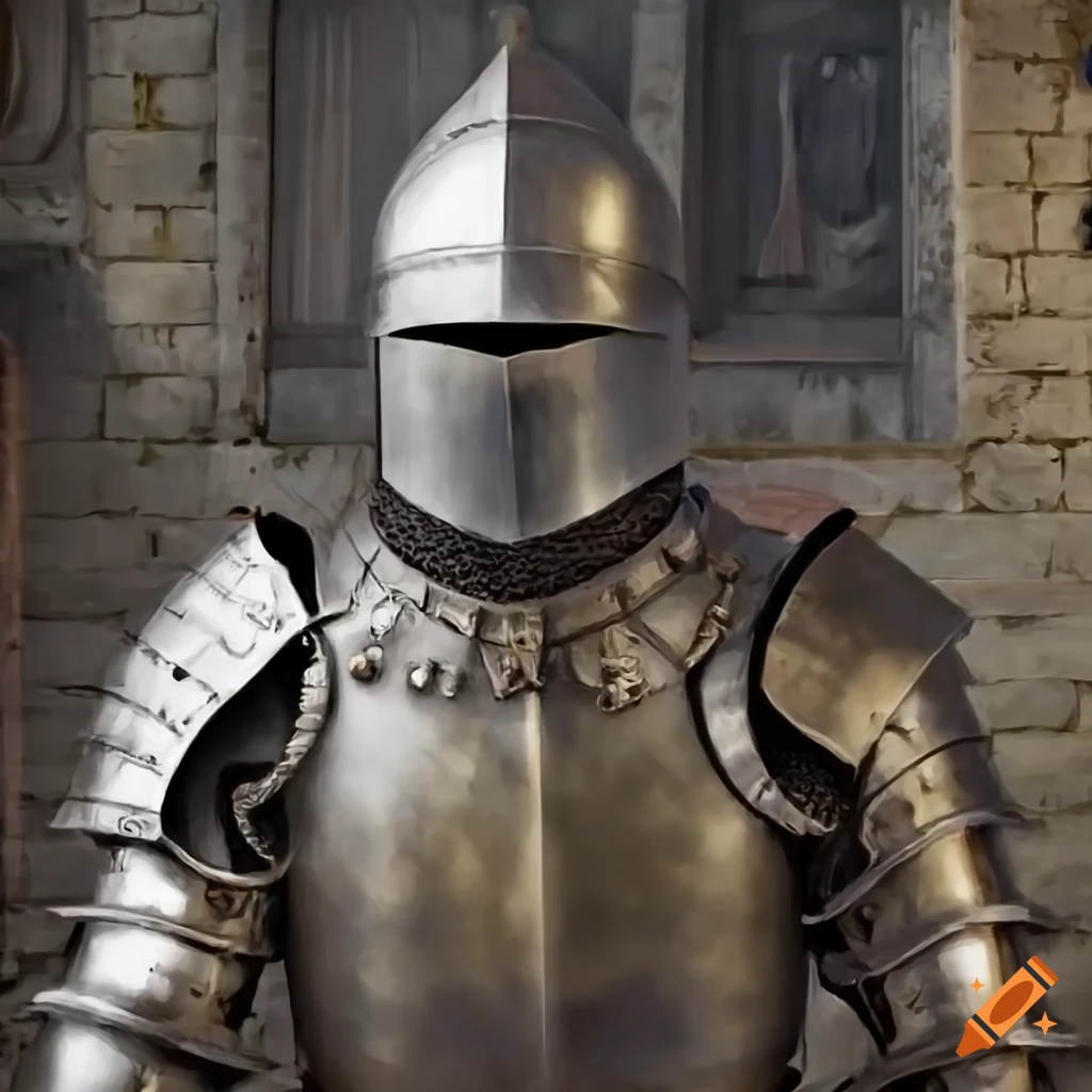 Knights in armor fighting in a castle with open-faced helmets, depicted ...