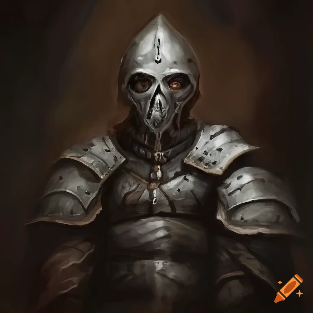 Dnd warrior in black leather armor with helmet in dark oil painting on ...