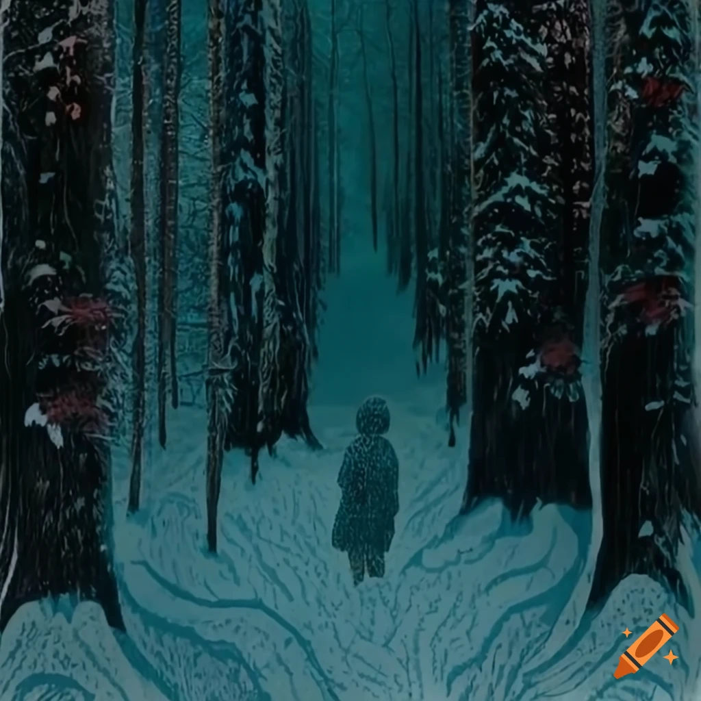 Snow-covered forest Christmas scene with poinsettia trees, red berries ...