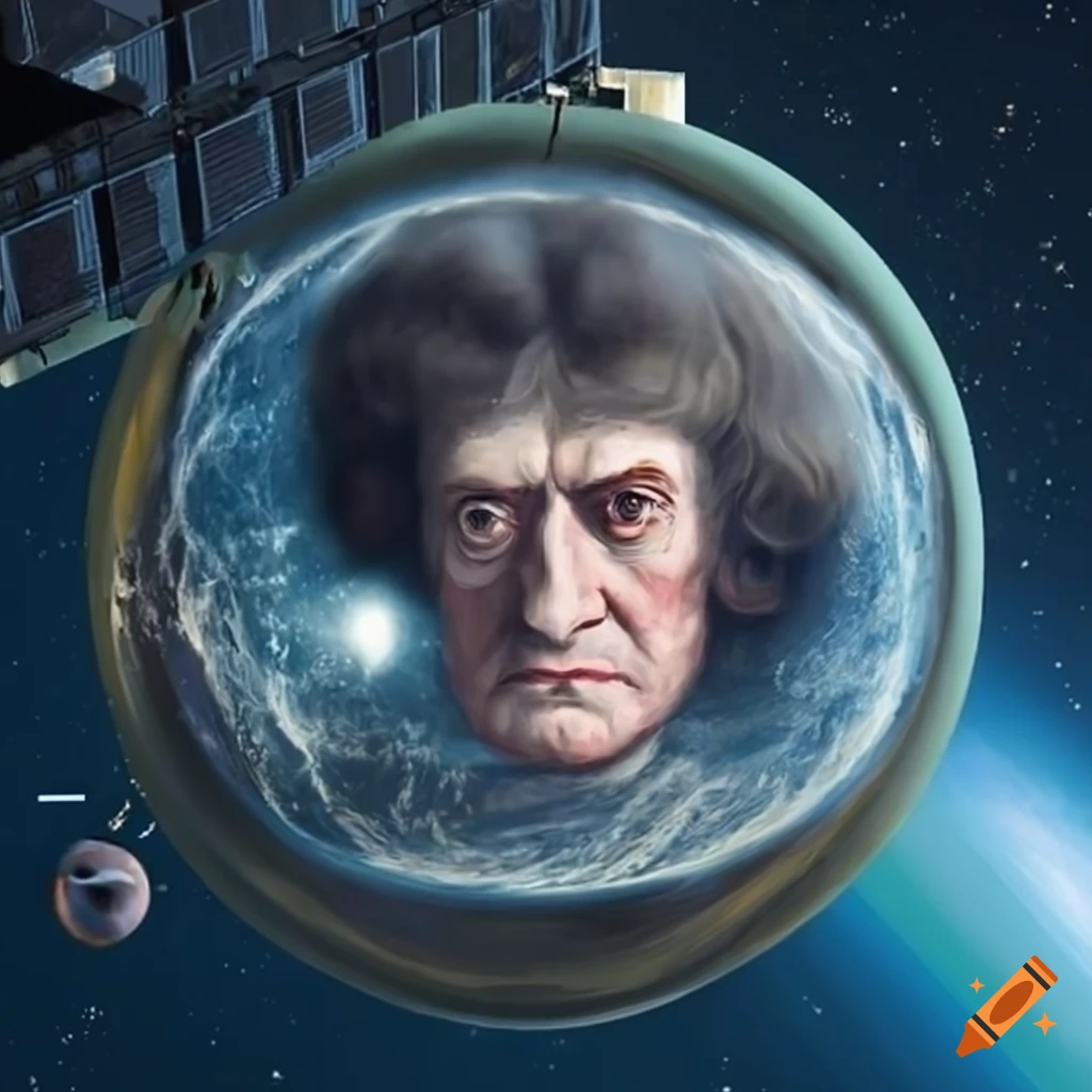 Isaac newton in a space station under an apple tree in zero gravity on ...