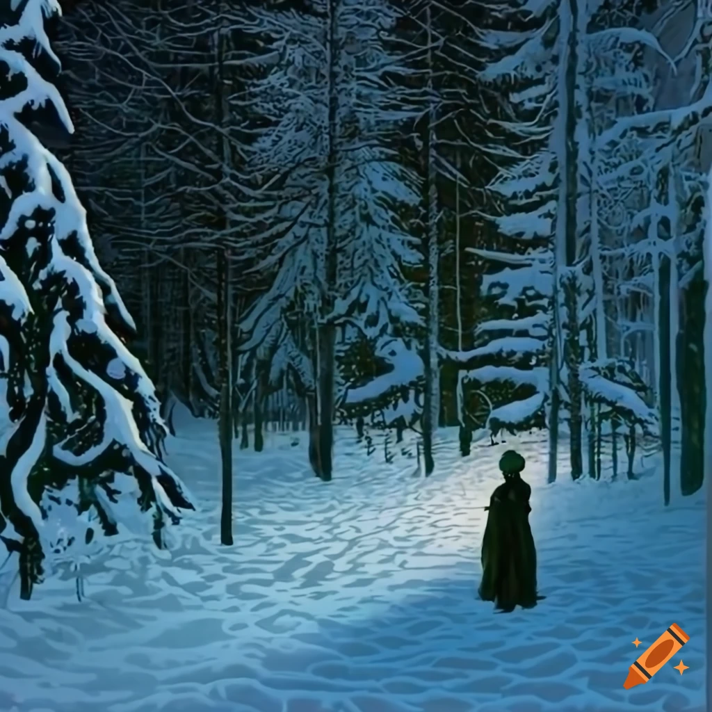 Snow-covered forest Christmas scene with poinsettia trees, red berries ...