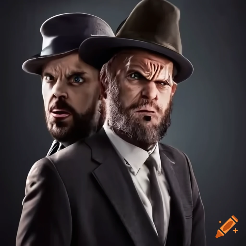 Three angry English gentlemen in suits and hats looking at the camera ...