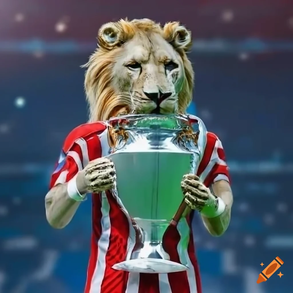 Lion humanoid in striped shirt with trophy in football stadium on Craiyon
