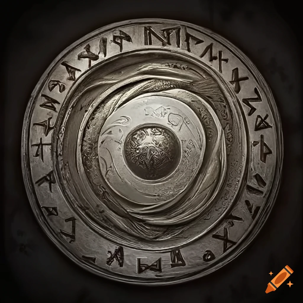 Silver knight shield with etched runes and reflective center on Craiyon