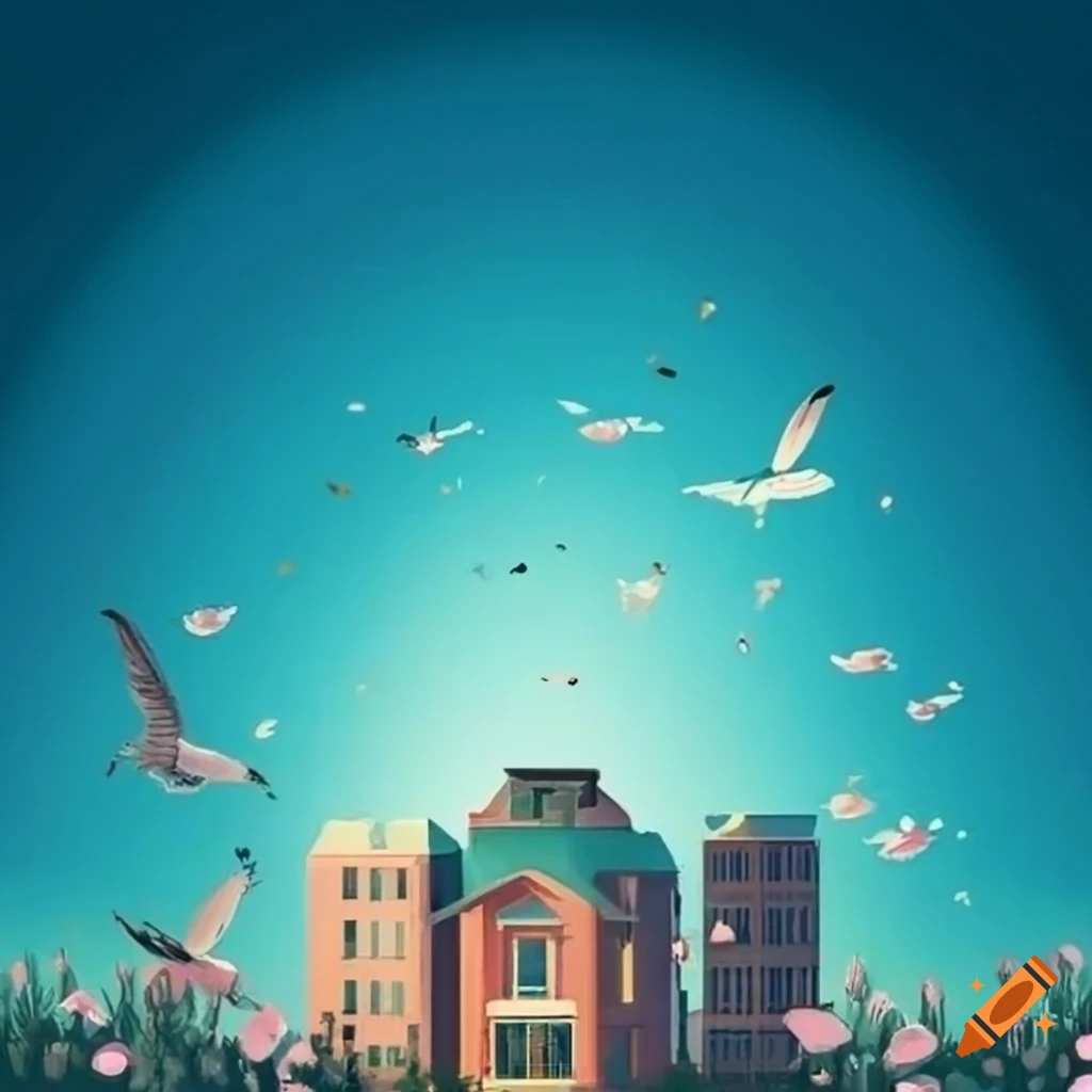 Spring scene with buildings, sky, flowers, and flying birds on Craiyon