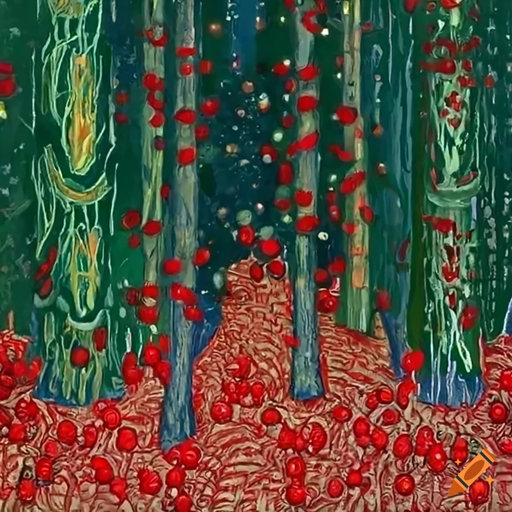 Festive Christmas forest scene with poinsettia trees, turkeys, and deer ...