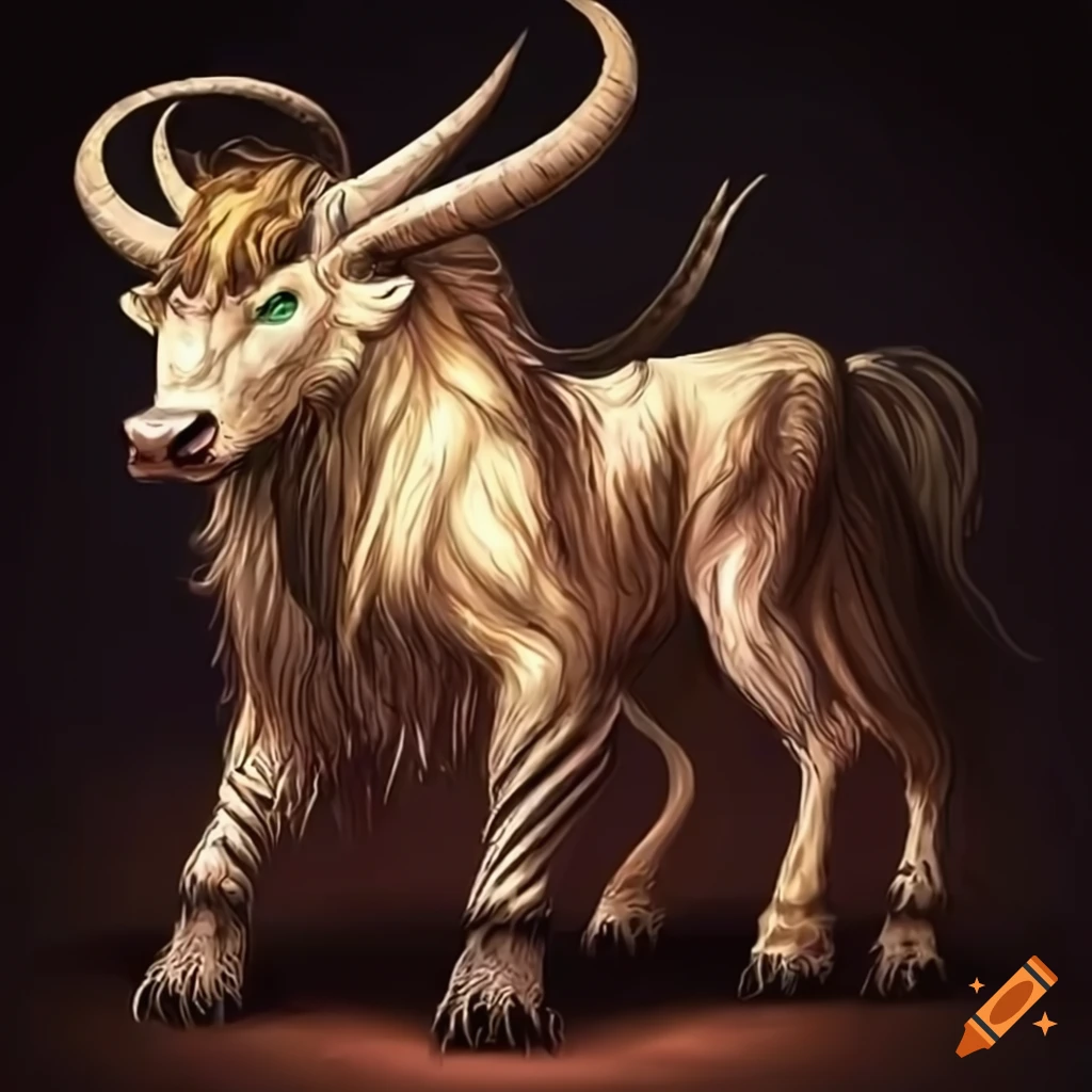 Mythical cow with spiral goat horns and lion-like mane ridden like a ...