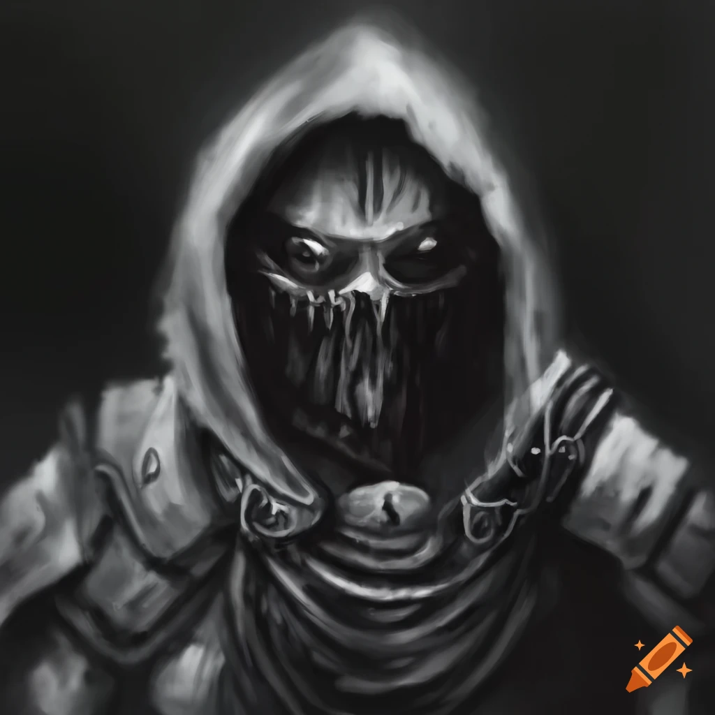 Dnd warrior in black leather with steel face mask in dark oil painting ...