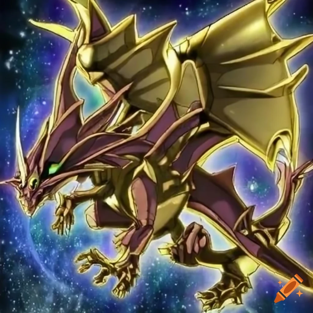 Gold-eyes bronze dragon with bat-like wings and vicious tail in cosmic ...