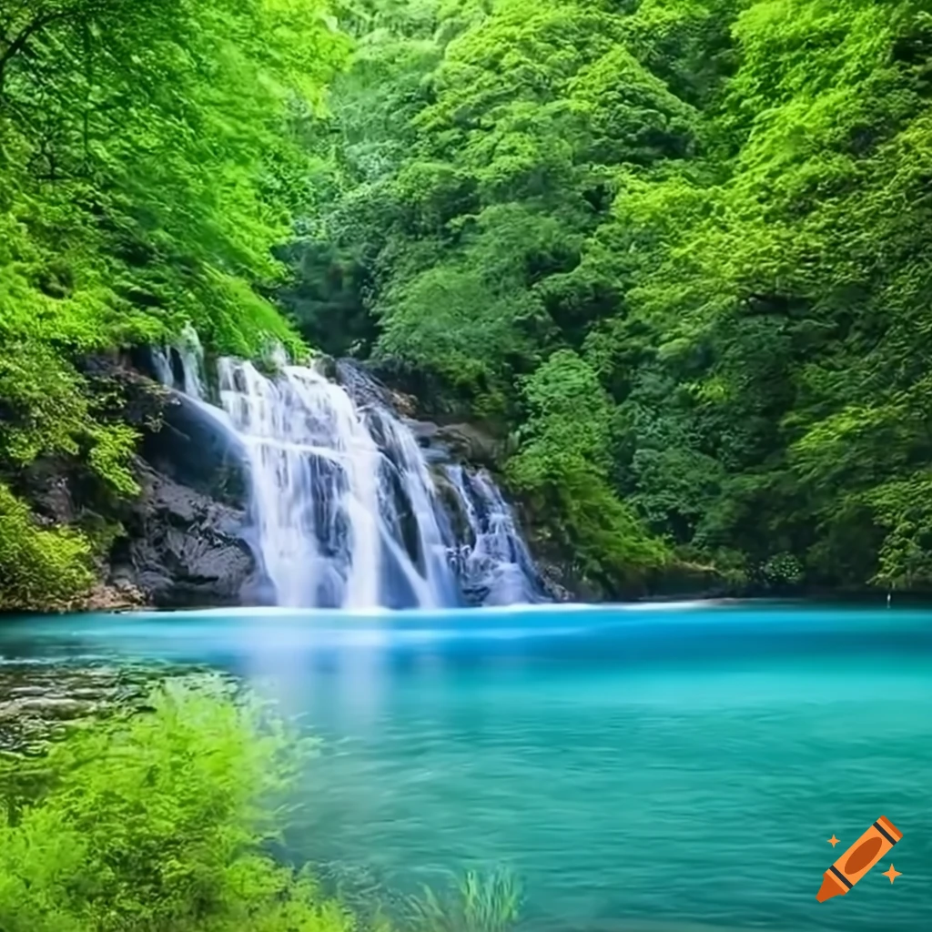 Vibrant landscape with green foliage, crystal blue river, and a multi ...