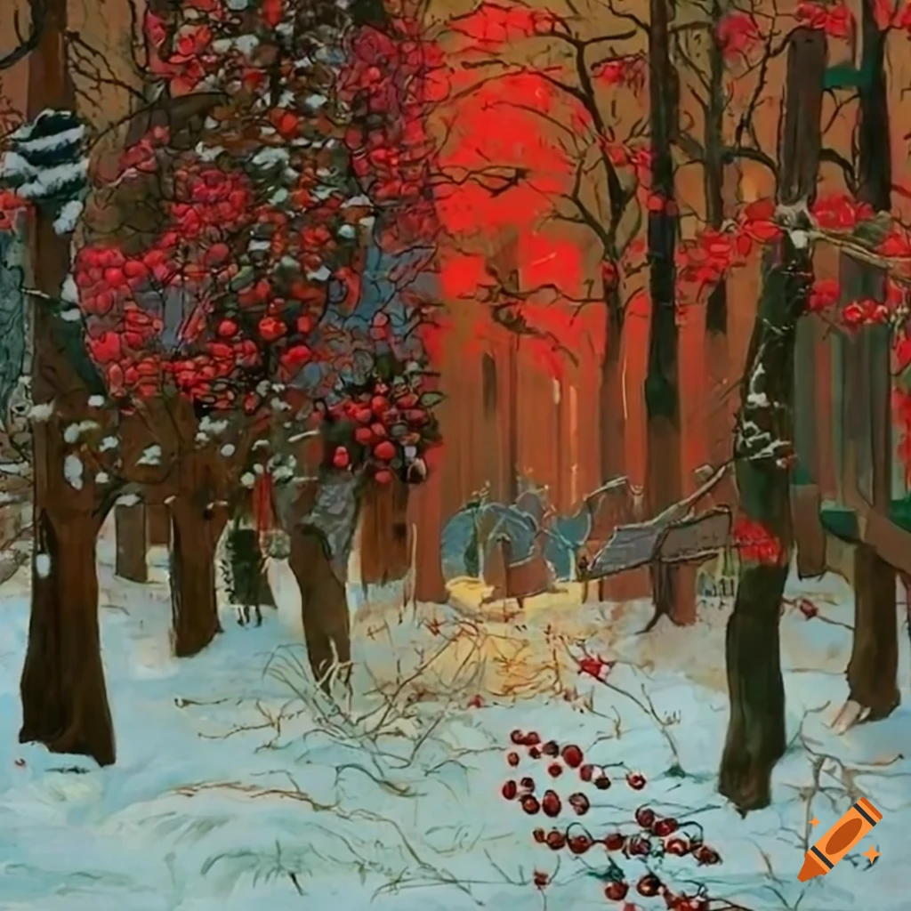 Festive christmas forest scene with poinsettia trees, red berries ...