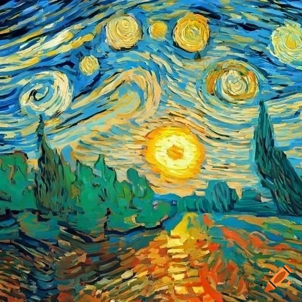 Van Gogh-style landscape of sunrise over towering trees and vibrant ...