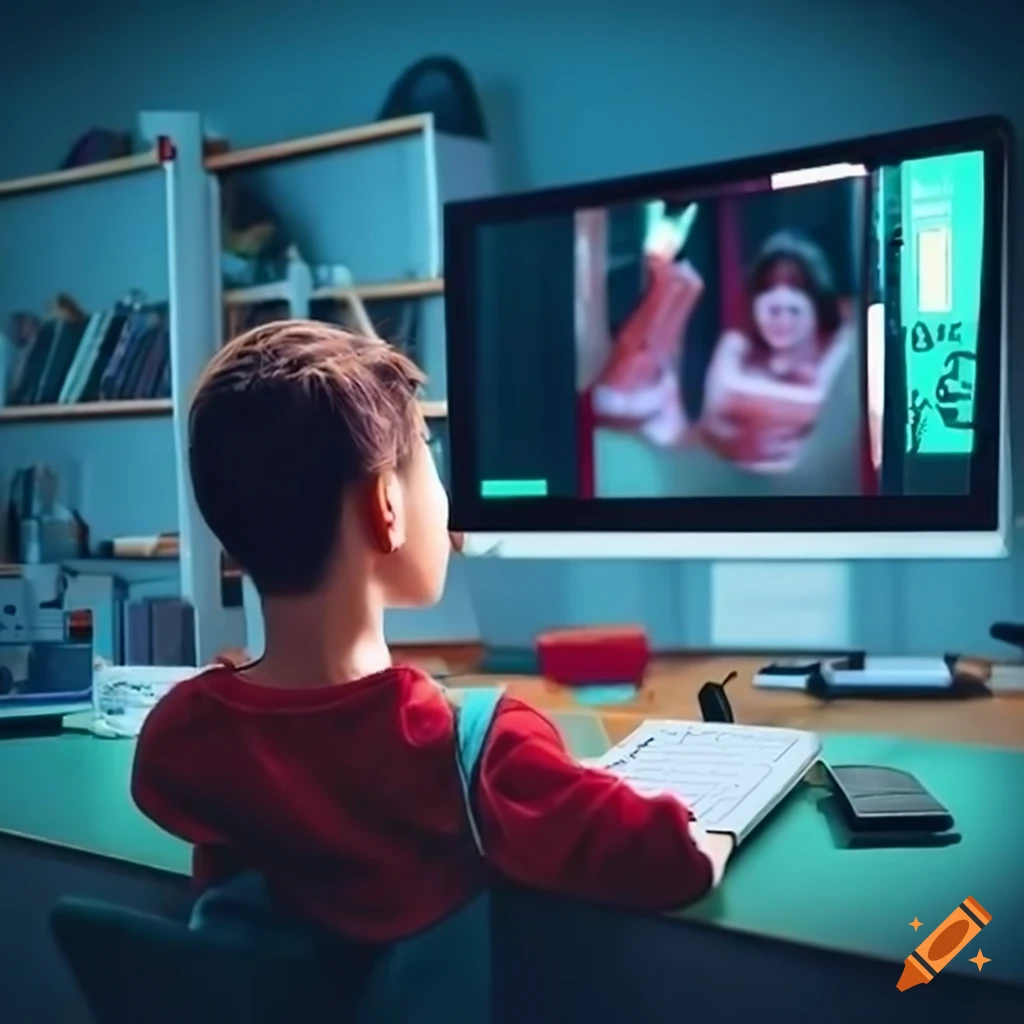 Student at cluttered desk with distractions on computer screen on Craiyon